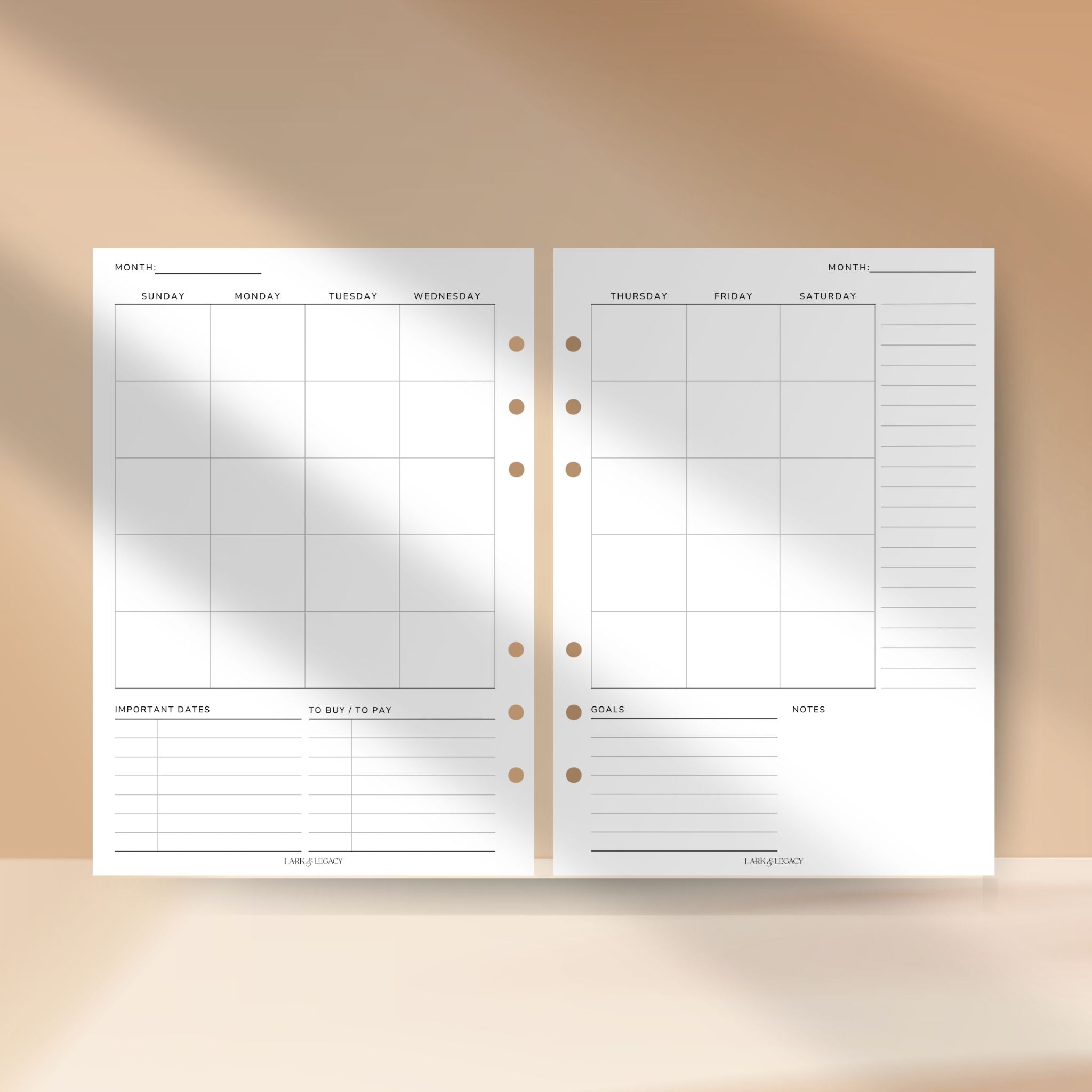 Monthly Calendar Insert Set – w/ Focus + Review Layout – Lark & Legacy